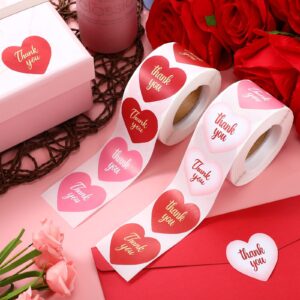 1000 Pieces Heart Thank You Sticker 1.5 inches Valentine's Day Red Pink Label Sticker Adhesive Thank Heart Shaped Sticker Thank Present Tag for Wedding Anniversaries Envelopes Greeting Cards, 2 Rolls