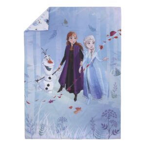 Disney Frozen 2 Nature is Magical Purple, Blue and White 4 Piece Toddler Bed Set - Comforter, Fitted Bottom Sheet, Flat Top Sheet, Reversible Pillowcase