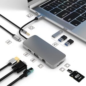 usb c hub 10 in 1, usb-c laptop docking station, usb c to hdmi adapter for macbook and windows with 4k hdmi vga ethernet pd 3.0 usb audio rj45 tf/sd