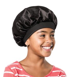 red by kiss kids satin bonnet with wide band, sleep cap for kids, bonnet for boys and girls (black)