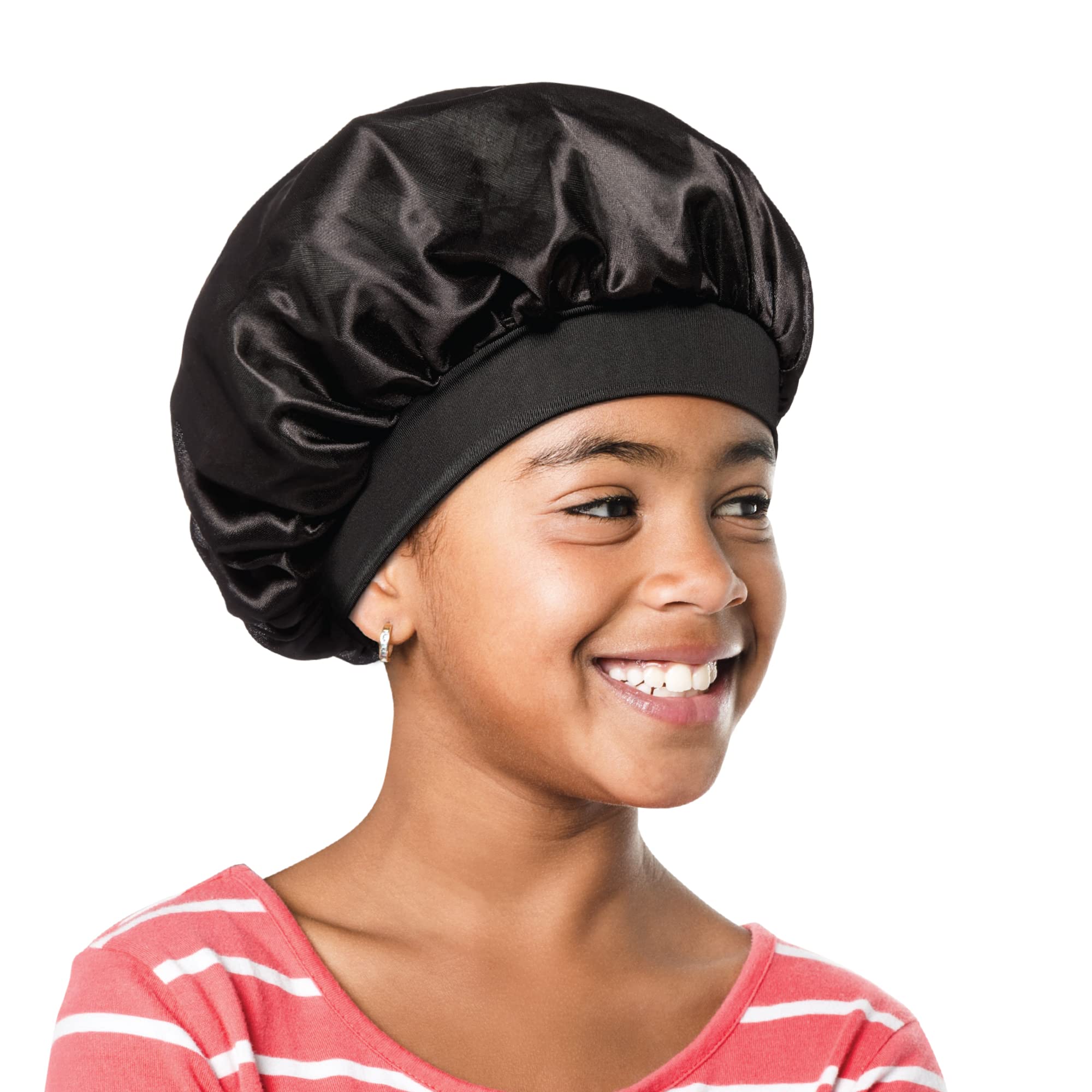 Red by Kiss Kids Satin Bonnet with Wide Band, Sleep Cap for Kids, Bonnet for Boys and Girls (Black)