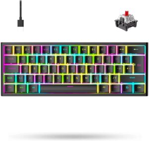 felicon 60% portable mechanical gaming keyboard, 62 keys ultra-compact mini keyboard, red switch, rgb customization backlit, wired type-c usb for for pc/win/ps4/xbox(black)