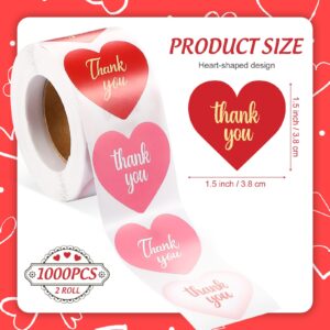 1000 Pieces Heart Thank You Sticker 1.5 inches Valentine's Day Red Pink Label Sticker Adhesive Thank Heart Shaped Sticker Thank Present Tag for Wedding Anniversaries Envelopes Greeting Cards, 2 Rolls