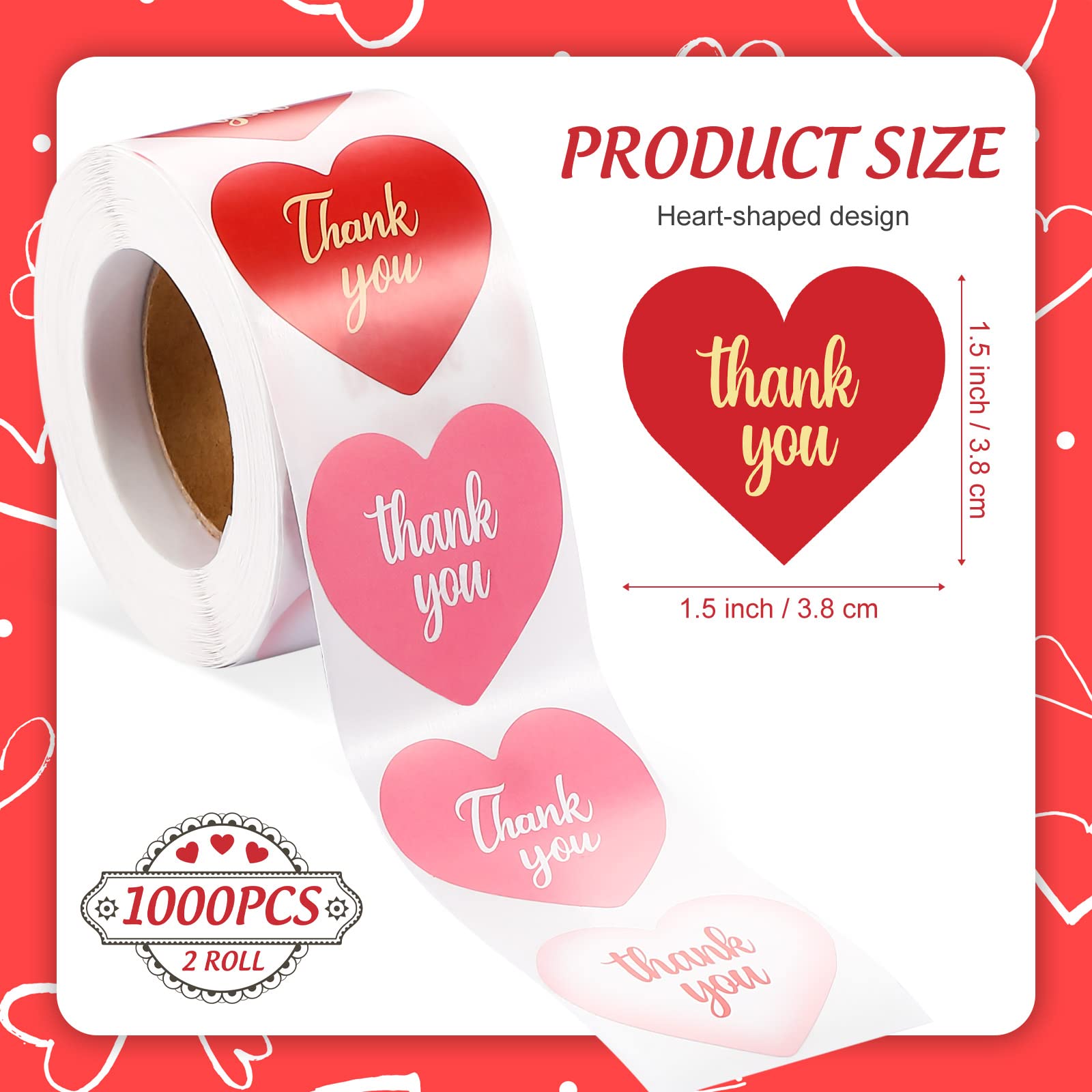 1000 Pieces Heart Thank You Sticker 1.5 inches Valentine's Day Red Pink Label Sticker Adhesive Thank Heart Shaped Sticker Thank Present Tag for Wedding Anniversaries Envelopes Greeting Cards, 2 Rolls