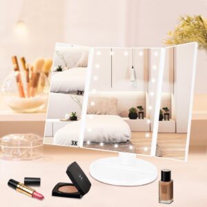 JAMIEWIN Lighted Makeup Mirror 3X/2X/1X Magnification 21 LED Trifold Vanity Mirror with Touch Sensor Dimming Portable Travel Mirror Best Xmas Gifts for Women Girls