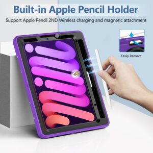 Miesherk Case for iPad Mini 7 (A17 Pro) 2024/ Mini 6 8.3'' Military Grade Heavy Duty Shockproof Case with Stand Shoulder Strap Pencil Holder for iPad Mini 6th Generation A2567 A2568 A2569 Purple