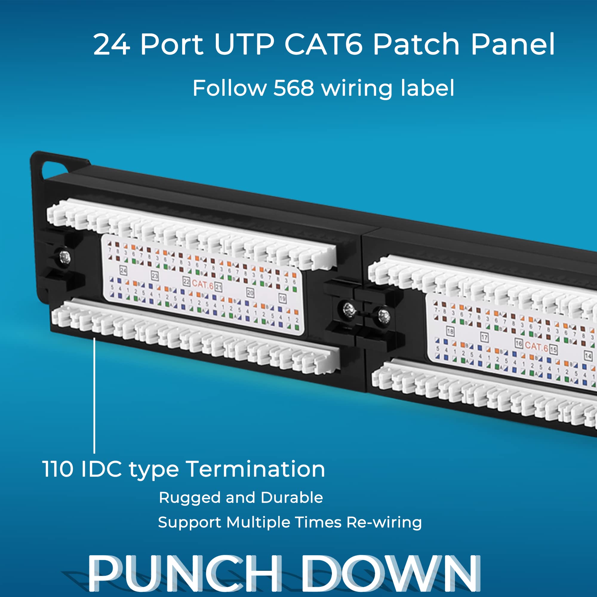 Rapink Patch Panel 24 Port Cat6 10G Support, Network Patch Panel UTP 19-Inch, Wallmount or Rackmount 1U Ethernet Patch Panel Punch Down Block for Cat6, Cat5e, Cat5 Cabling