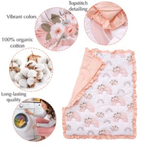 Noisy Mouse - Boho Rainbow, Premium, 100% Organic Cotton 4-Piece Baby Nursery Bedding Crib Set | Baby Comforter | 2 X Fitted Crib Sheets | Crib Skirt (Peach, Teal, White)