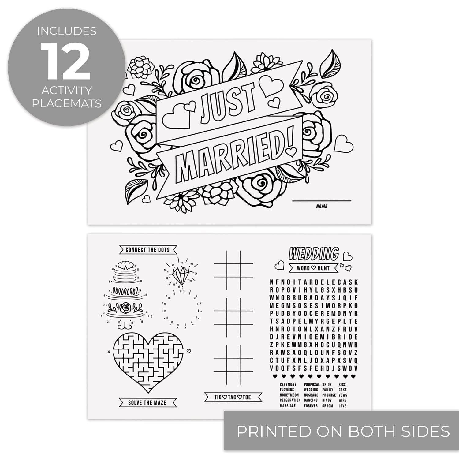 Wedding Themed Coloring Activity Placemats / 12 Wedding Coloring Sheets / 11" x 17" Kids Drawing Paper/Disposable Placemats