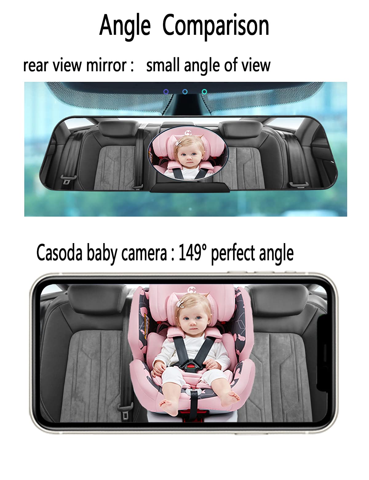 Baby Car Camera, Casoda Wireless Car Camera for Baby, Crystal Clear View Infant in Rear Facing Back Seat, Support Photo Video, Perfect Night Vision, Easy to Watch Baby's Every Move