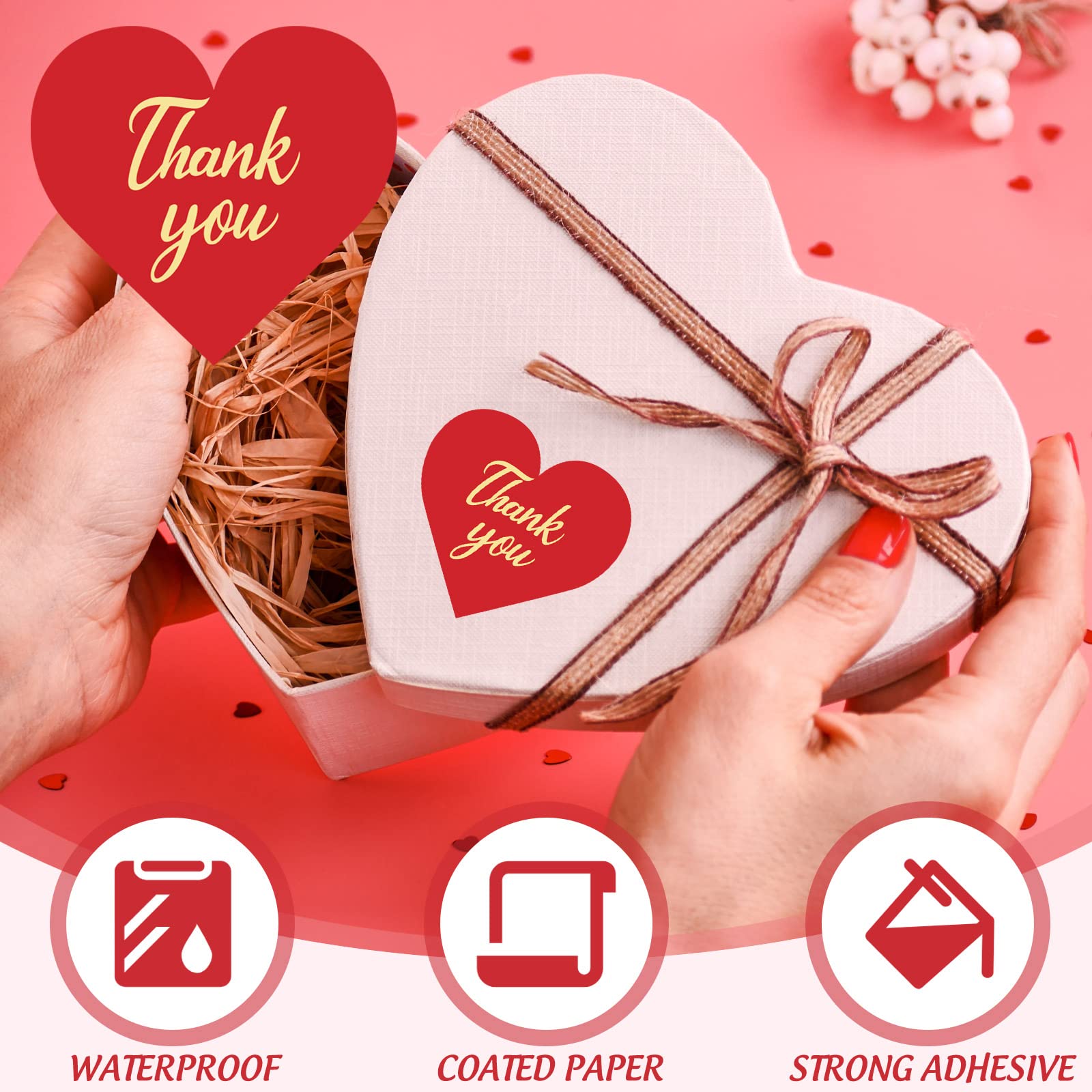 1000 Pieces Heart Thank You Sticker 1.5 inches Valentine's Day Red Pink Label Sticker Adhesive Thank Heart Shaped Sticker Thank Present Tag for Wedding Anniversaries Envelopes Greeting Cards, 2 Rolls