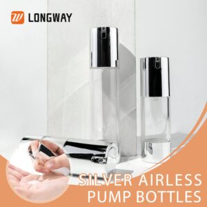 longway 1.7oz/50ml Airless Pump Bottles Silver Airless Cosmetic Cream Pump Bottle Travel Size Dispenser Refillable Containers（Pack of 6）