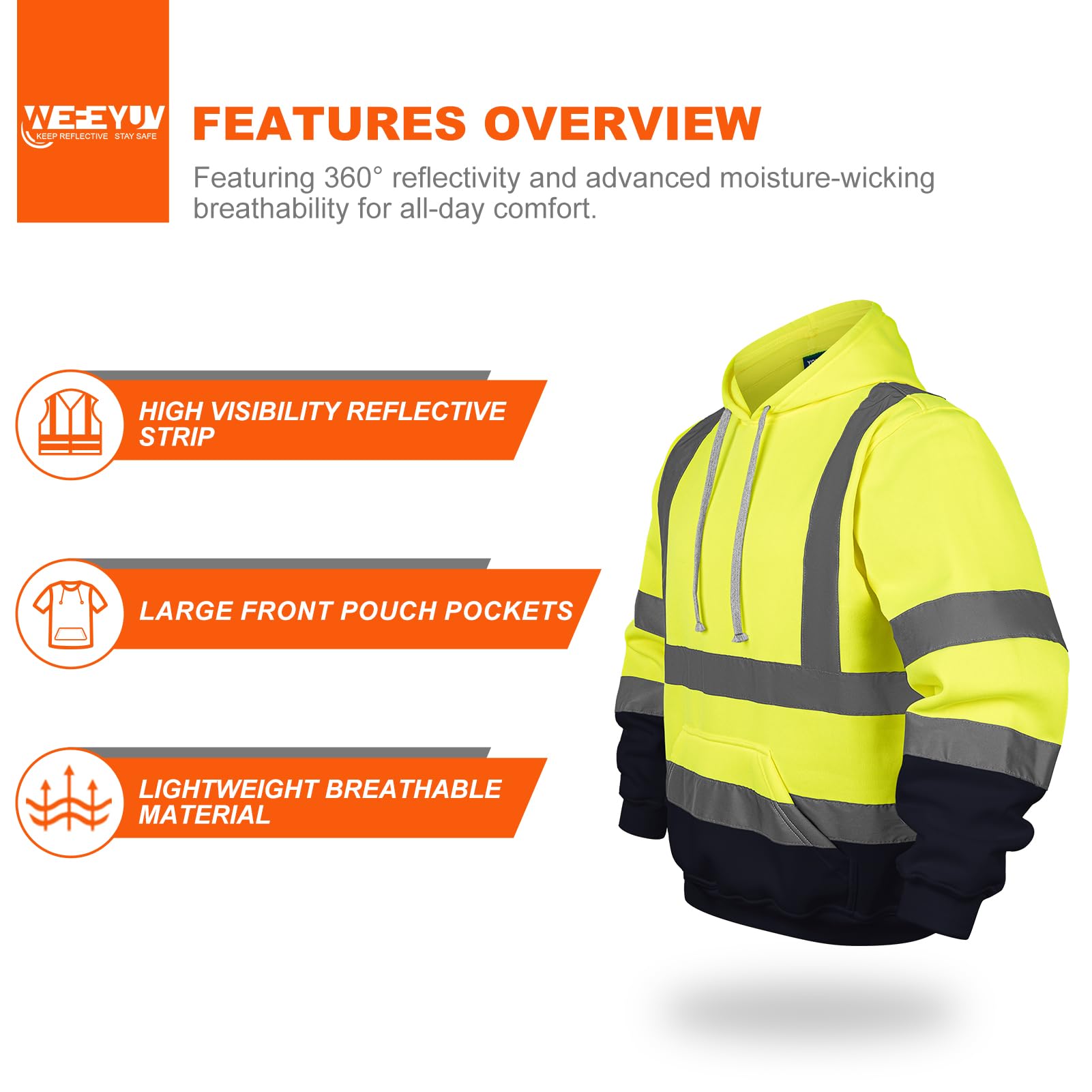 wefeyuv Safety Hi Vis ANSI Class 3 Safety Sweatshirt for Men Reflective Yellow/Navy XL