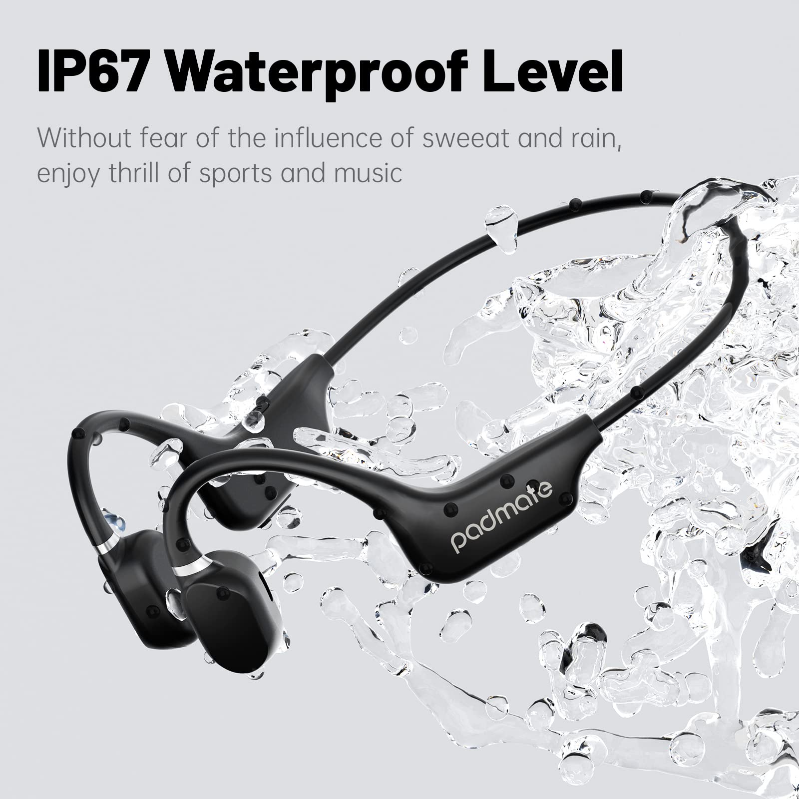 Padmate Open-Ear Air Conduction Headphones Bluetooth Wireless Earbuds with Mic, Sport Headset Bluetooth 5.0 Wireless Earphones for Workouts, Foldable/Lightweight/8Hr Playtime/IP67 Waterproof (Black)