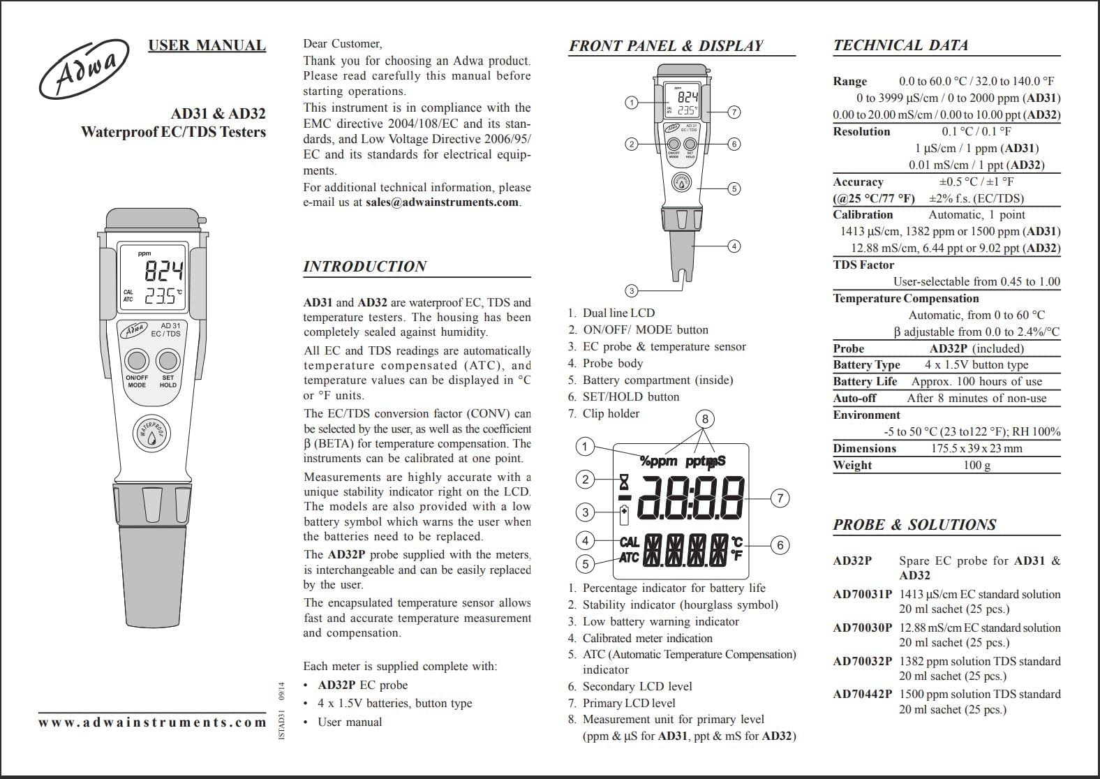 ADWA AD31 Waterproof Pocket EC/TDS and Temperature Meter