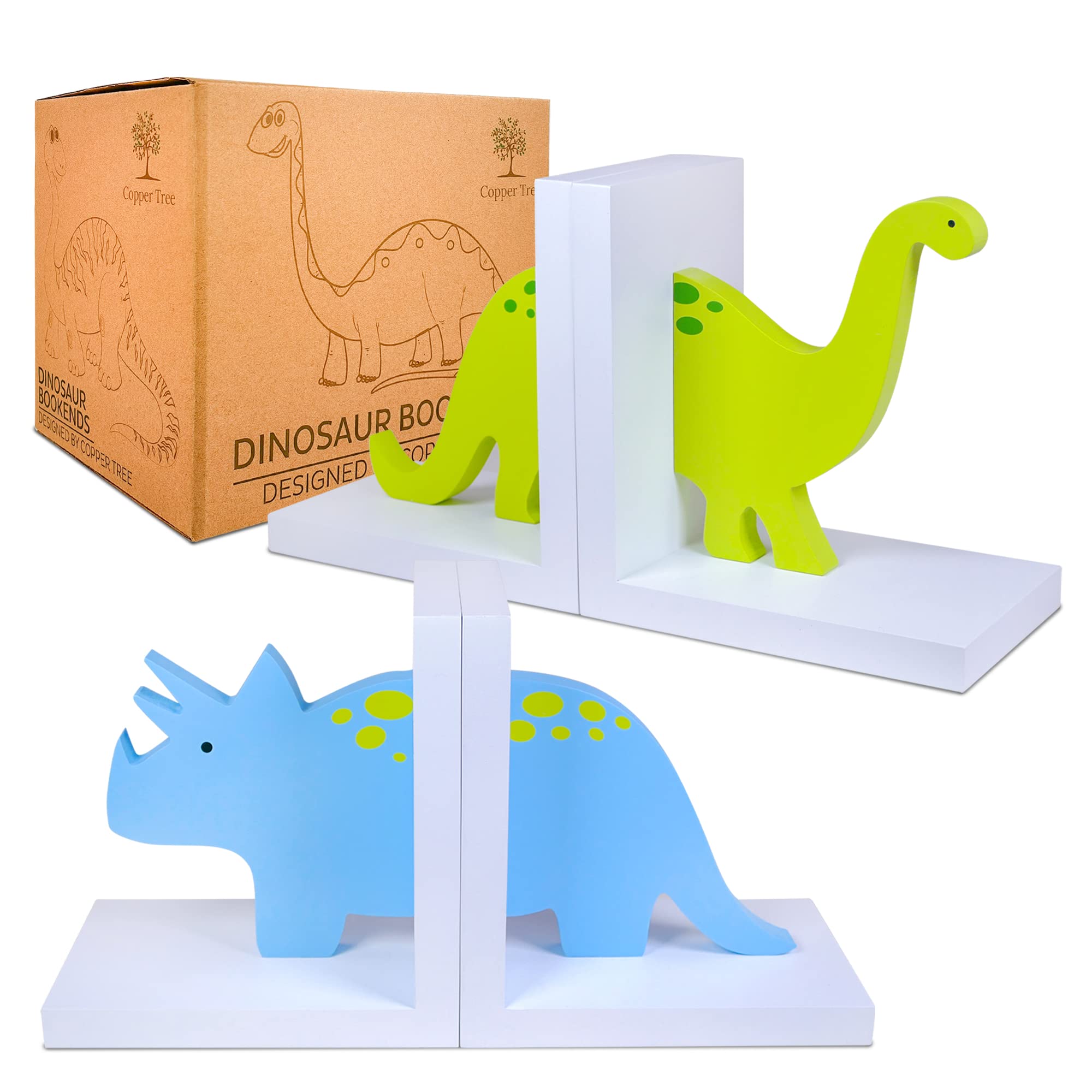 Copper Tree - Kids bookends - 2 Sets of Dinosaur Bookends – Children Book Holders for Shelves – Wooden Dinosaur Shelf Decor – Large Wooden Book Stopper for Nursery, Kids and Boys Room