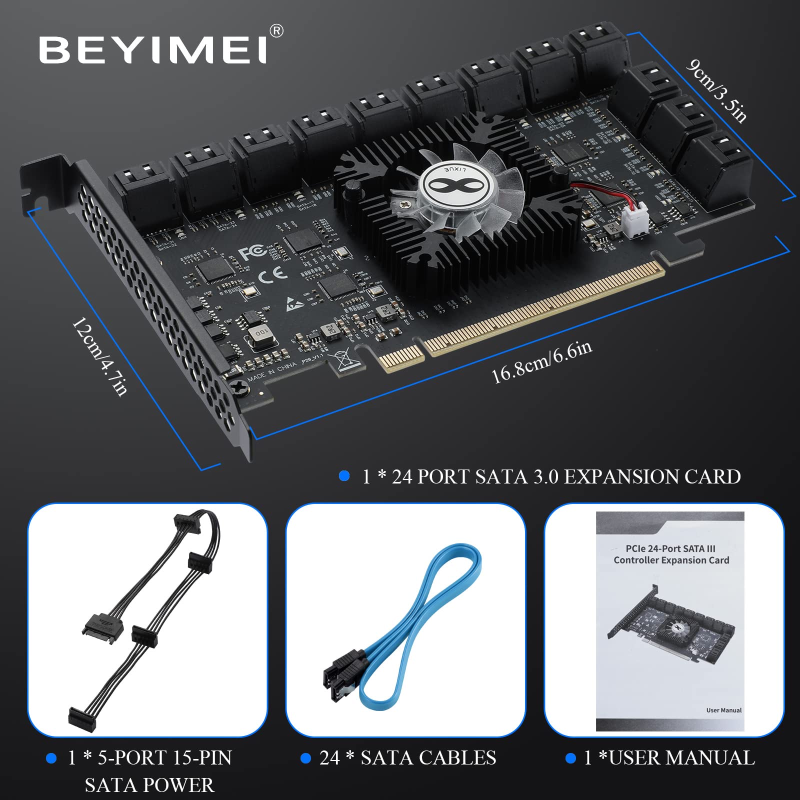 BEYIMEI PCIE 16X SATA Card 24 Ports, 6 Gbit/s SATA 3.0 PCIe Card, PCIe to SATA Controller Expansion Card (6 ASM1064 + 1 ASM1812)