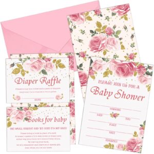 marspark set of 25 pink floral baby shower invitations, diaper raffle tickets and baby shower invitation cards with envelope, baby shower party supplies for sweet girl