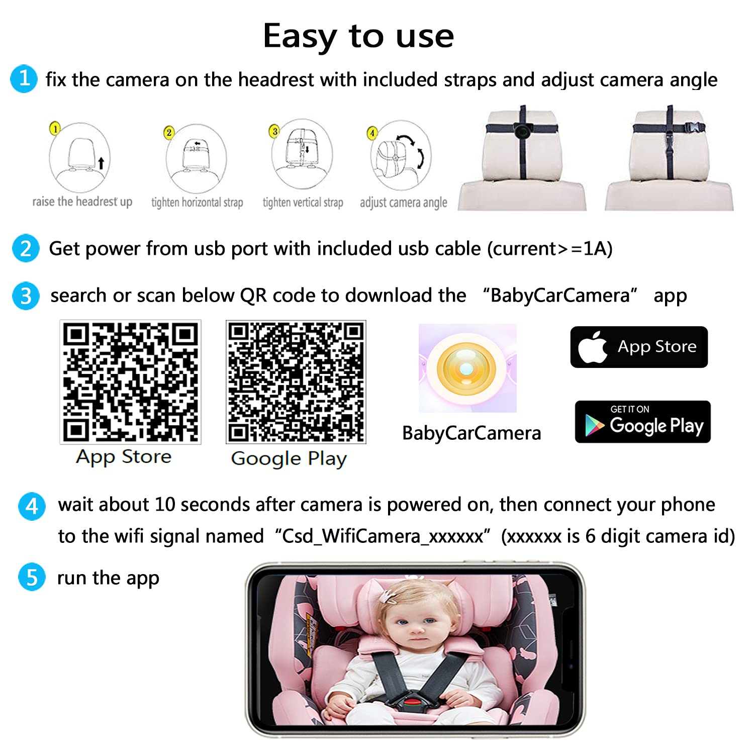 Baby Car Camera, Casoda Wireless Car Camera for Baby, Crystal Clear View Infant in Rear Facing Back Seat, Support Photo Video, Perfect Night Vision, Easy to Watch Baby's Every Move