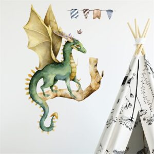 rofarso cool watercolor dragon on branch wall stickers for kids watercolor removable animal wall decals diy decorations for nursery baby boys bedroom playroom living room gaming room