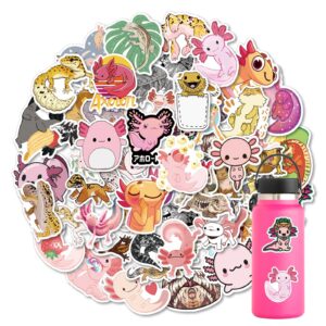 cute reptiles stickers, 52pcs vinyl waterproof axolotl stickers, gifts for kids, women,teens classmate colleagues,adults