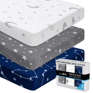 grow wild pack n play fitted sheets 3-pack | breathable pack and play jersey cotton crib sheets | 38” x 24" mini crib sheet & crib bedding set for baby boys | stars and moon nursery decor