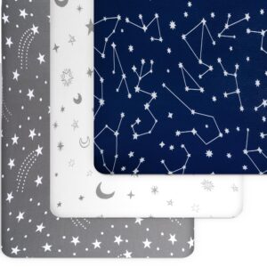 GROW WILD Pack n Play Fitted Sheets 3-Pack | Breathable Pack and Play Jersey Cotton Crib Sheets | 38” x 24" Mini Crib Sheet & Crib Bedding Set for Baby Boys | Stars and Moon Nursery Decor