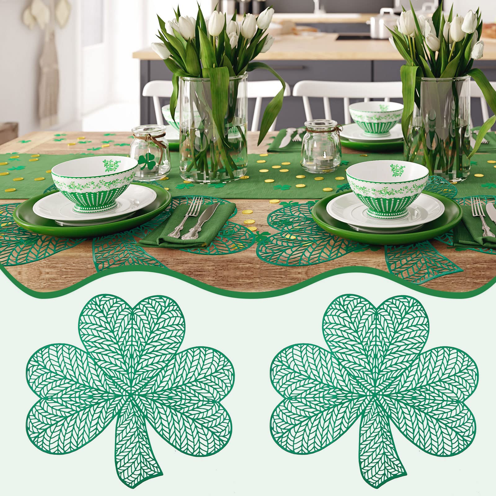 6 Pieces St. Patrick's Day Shamrock Placemat Green PVC Table Place Mat Non Slip Heat Resistant St Patrick's Day Placemats for Dining Kitchen Table Home Decoration, 16.5 Inch