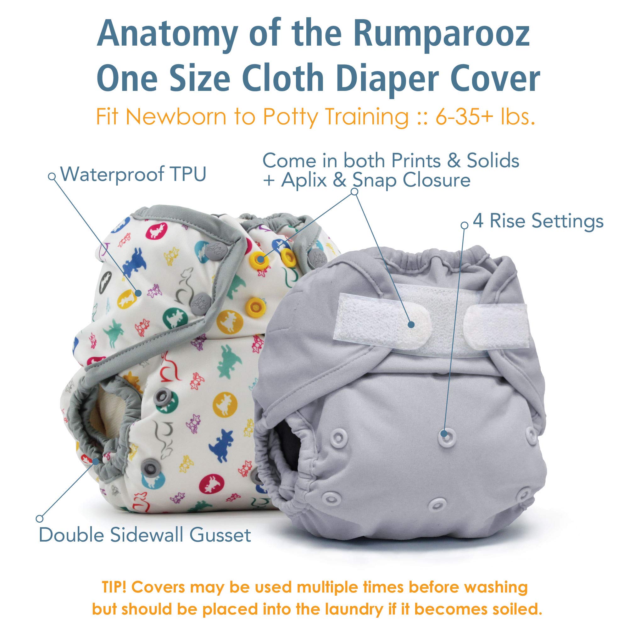 Kanga Care Rumparooz Double Leg Gusset Reusable Cloth Diaper Cover One Size Snap | Finn 6-35 lbs