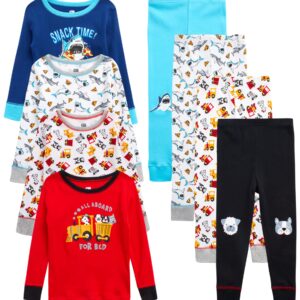 ONLY BOYS BabyToddler Pajama Set - 8 Piece Snug Fit Shirt and Sleepwear Joggers (Size 2T-4T), Size 2T, Red TrainsBlue Shark