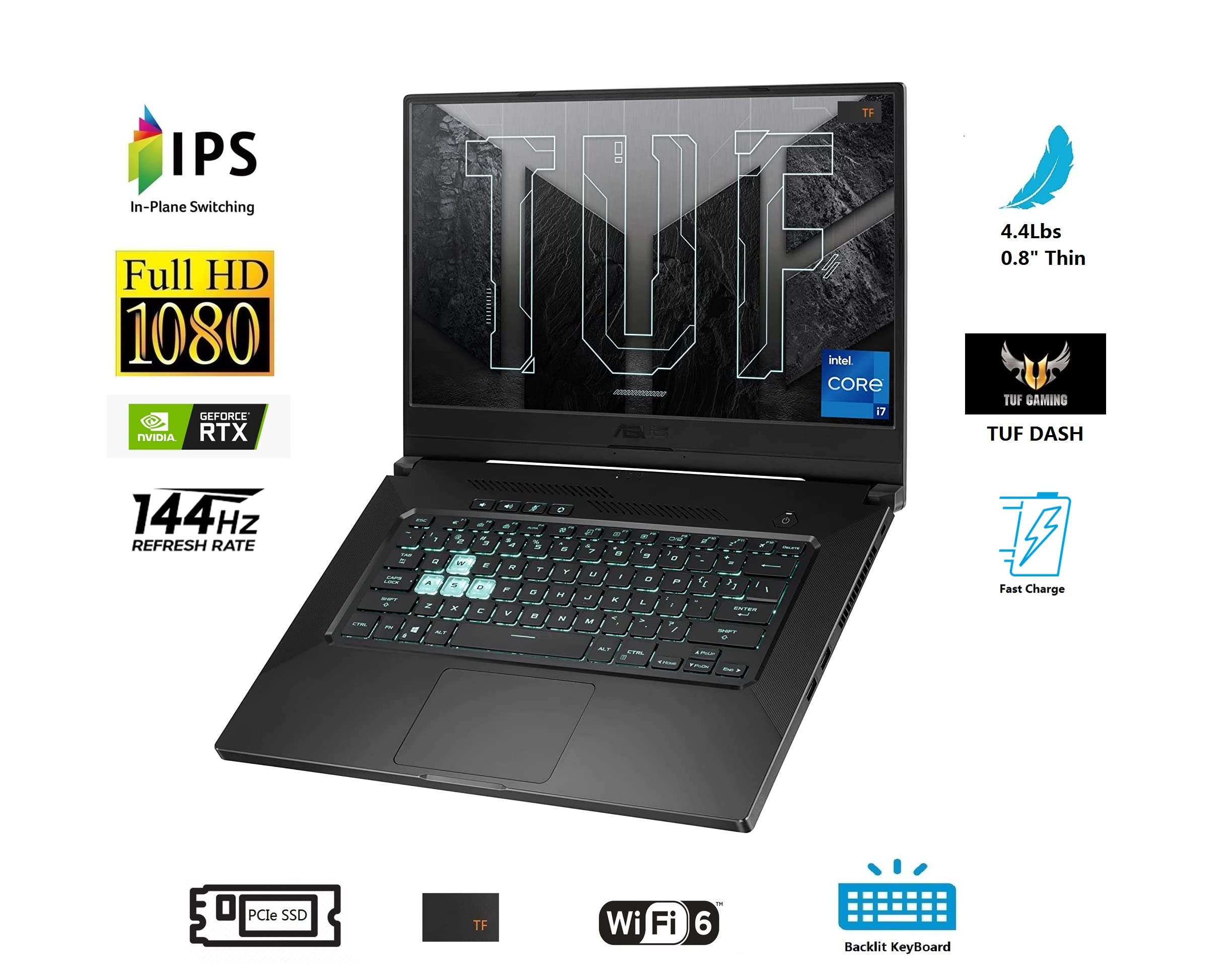 2022 Newest ASUS TUF Dash Premium Gaming Laptop: 15.6" FHD 144Hz IPS Display, Intel Gaming H Core H 8-Core i7-11370H, 32GB RAM, 1TB SSD, 4GB GeForce RTX 3050Ti, Wifi6, Backlit-KYB, DTS, Win10H