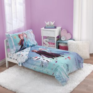 disney frozen 2 nature is magical purple, blue and white 4 piece toddler bed set - comforter, fitted bottom sheet, flat top sheet, reversible pillowcase