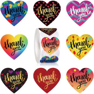 500 pcs thank you stickers heart shaped stickers roll valentine's day stickers colorful thank label love decorative sticker for kids valentine wedding party, 8 styles