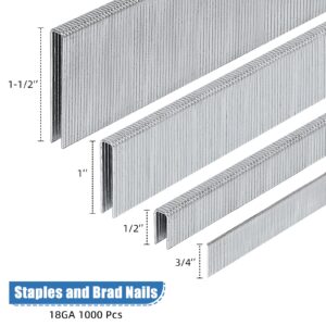 SITLDY 18 Gauge 1000-Count, Narrow Crown Staples 1/2"-200, 1"-400, 1-1/2"-200 and Brad Nails 3/4"-200, Galvanized, Assorted Size Project Pack