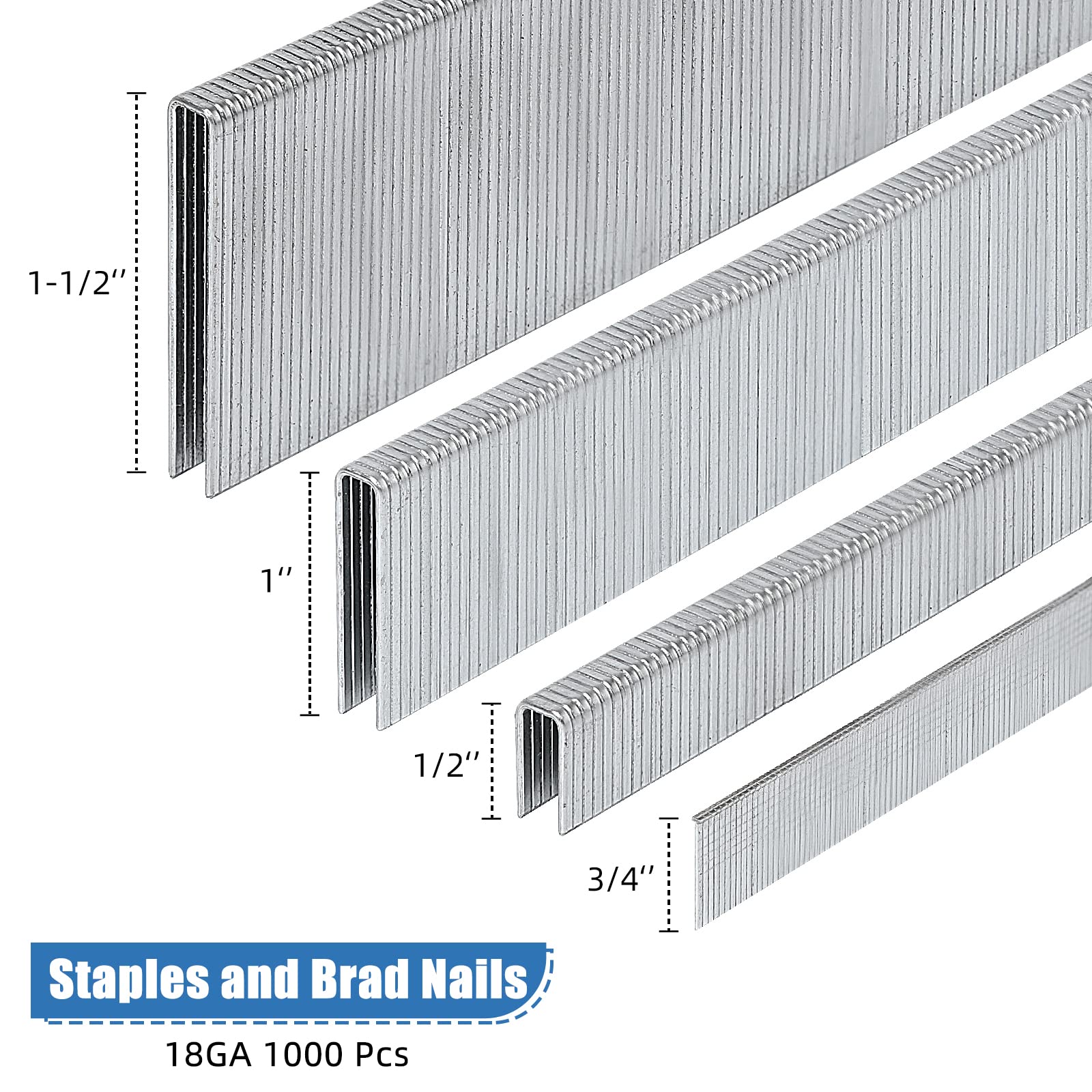 SITLDY 18 Gauge 1000-Count, Narrow Crown Staples 1/2"-200, 1"-400, 1-1/2"-200 and Brad Nails 3/4"-200, Galvanized, Assorted Size Project Pack