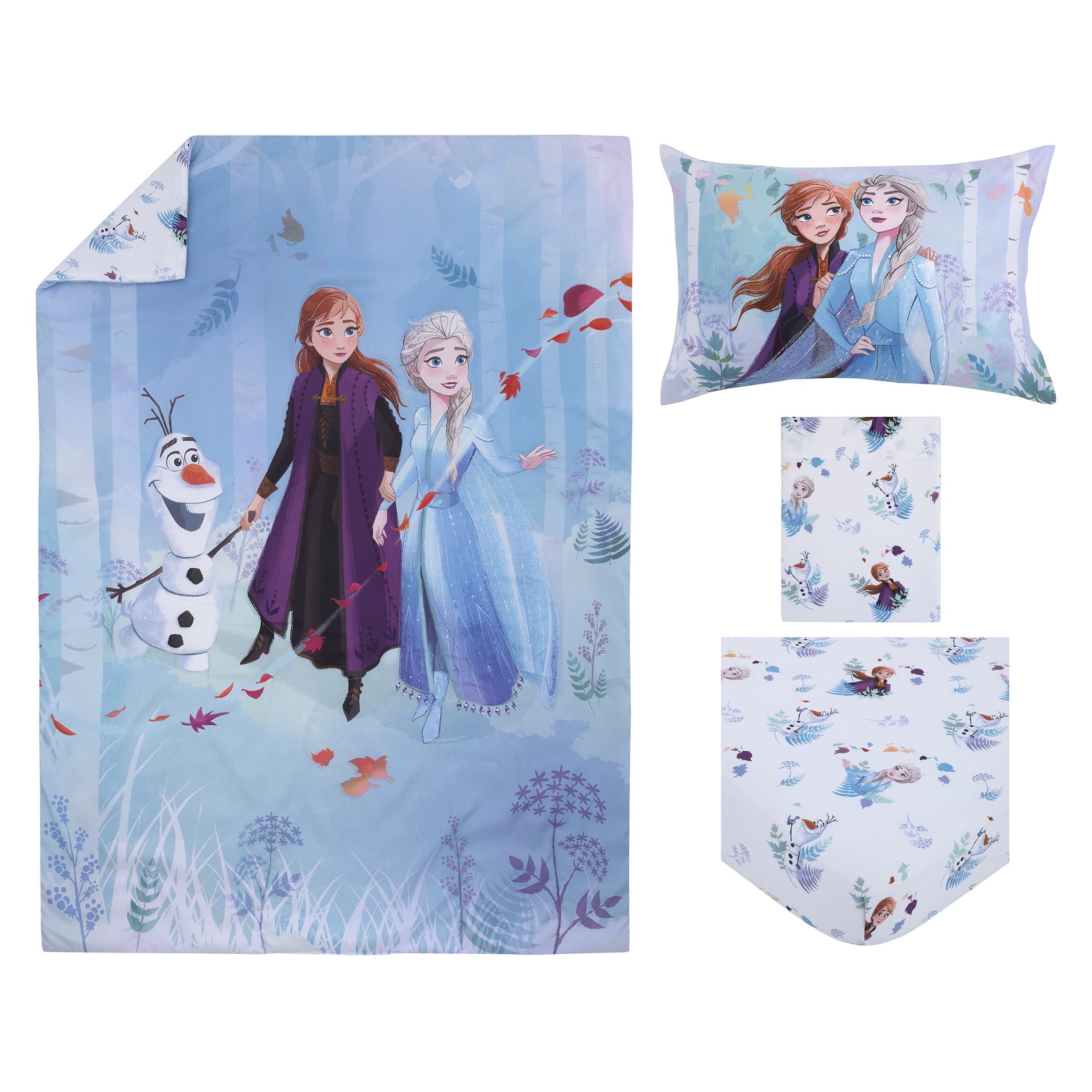 Disney Frozen 2 Nature is Magical Purple, Blue and White 4 Piece Toddler Bed Set - Comforter, Fitted Bottom Sheet, Flat Top Sheet, Reversible Pillowcase