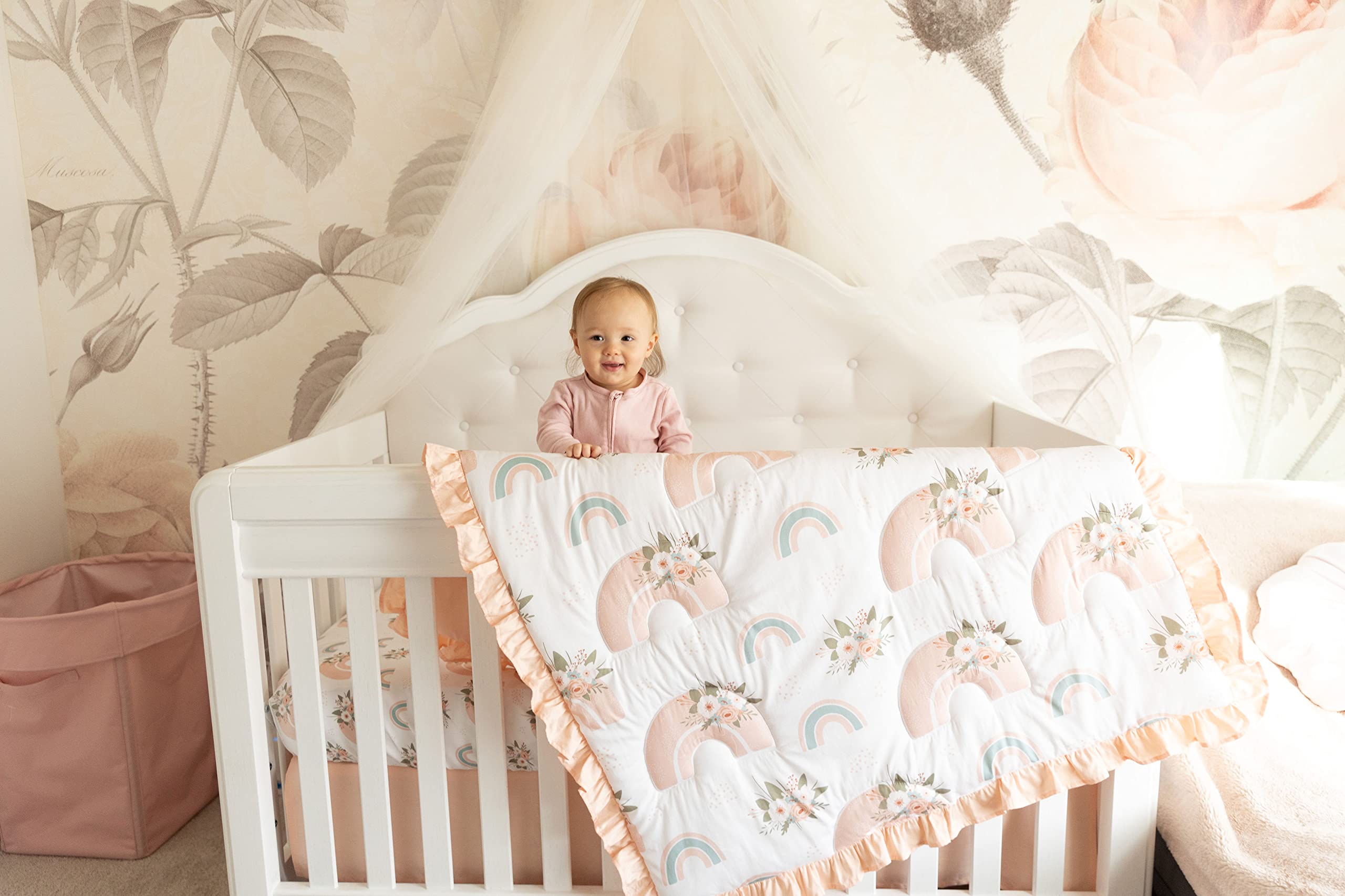 Noisy Mouse - Boho Rainbow, Premium, 100% Organic Cotton 4-Piece Baby Nursery Bedding Crib Set | Baby Comforter | 2 X Fitted Crib Sheets | Crib Skirt (Peach, Teal, White)