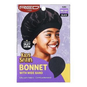 Red by Kiss Kids Satin Bonnet with Wide Band, Sleep Cap for Kids, Bonnet for Boys and Girls (Black)