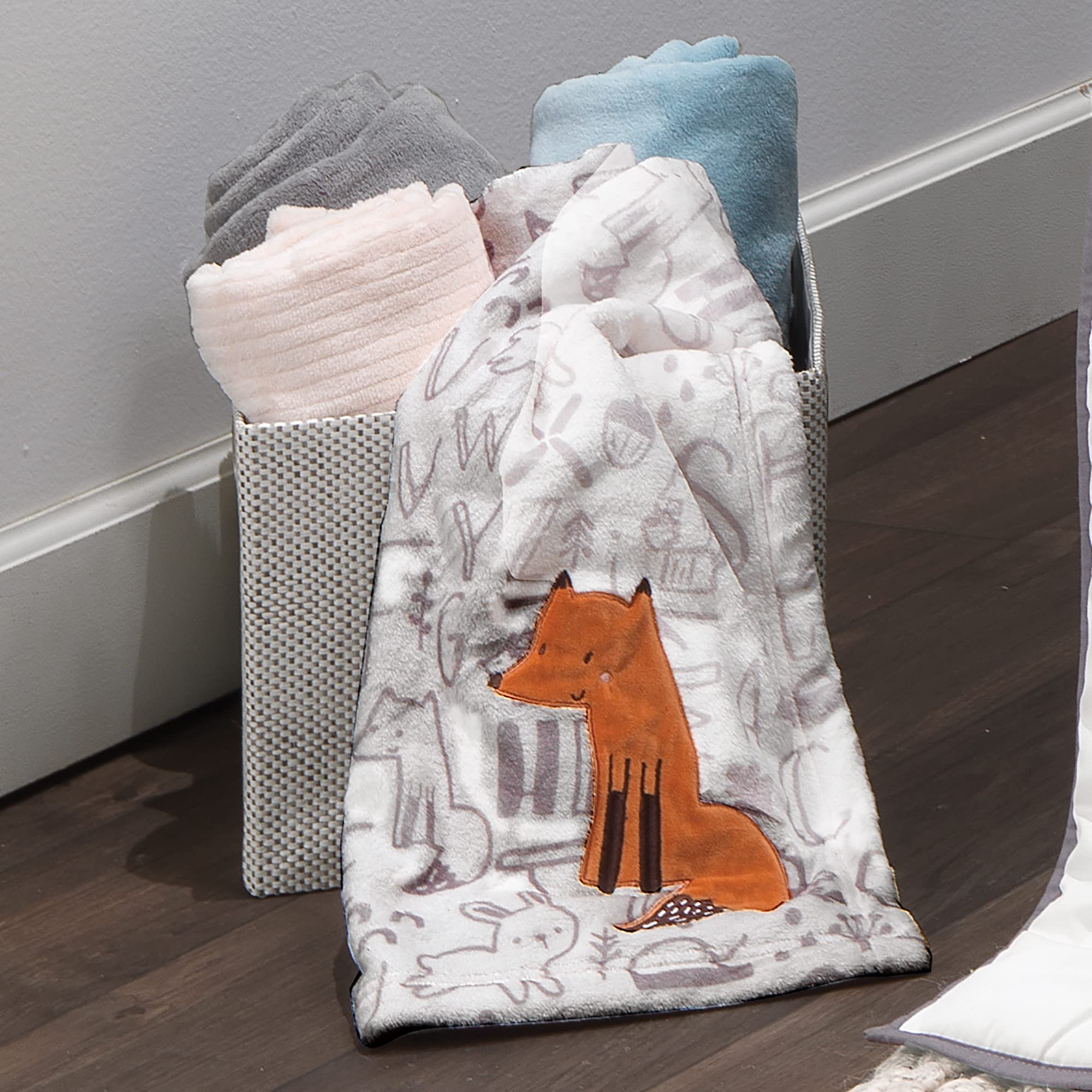 Bedtime Originals Animal Alphabet Gray/White Fox Appliqued Fleece Baby Blanket