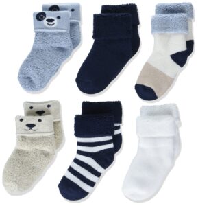 amazon essentials unisex babies' cozy cotton turn cuff socks, 6 pairs, blue/navy/stripe, 0-6 months