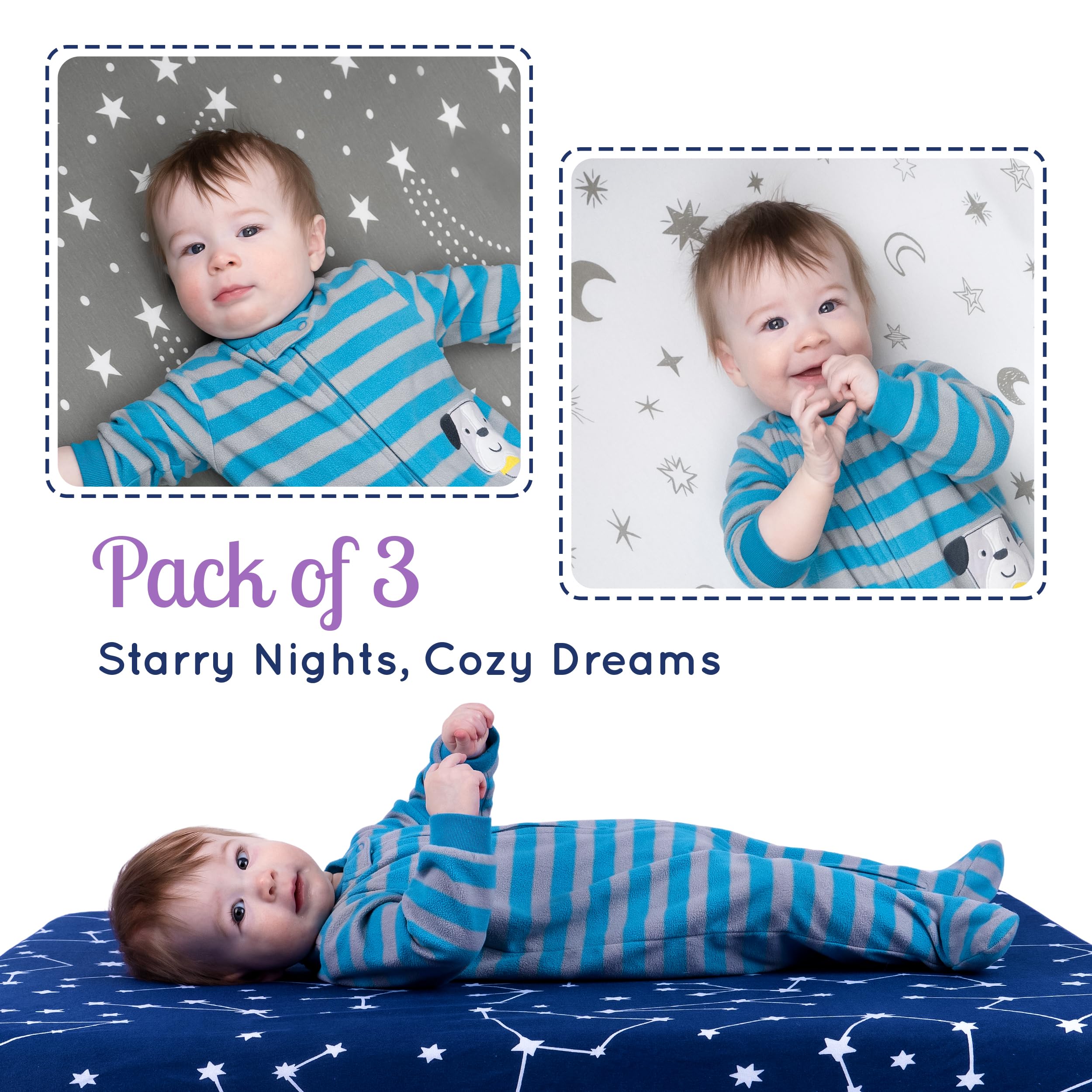 GROW WILD Pack n Play Fitted Sheets 3-Pack | Breathable Pack and Play Jersey Cotton Crib Sheets | 38” x 24" Mini Crib Sheet & Crib Bedding Set for Baby Boys | Stars and Moon Nursery Decor