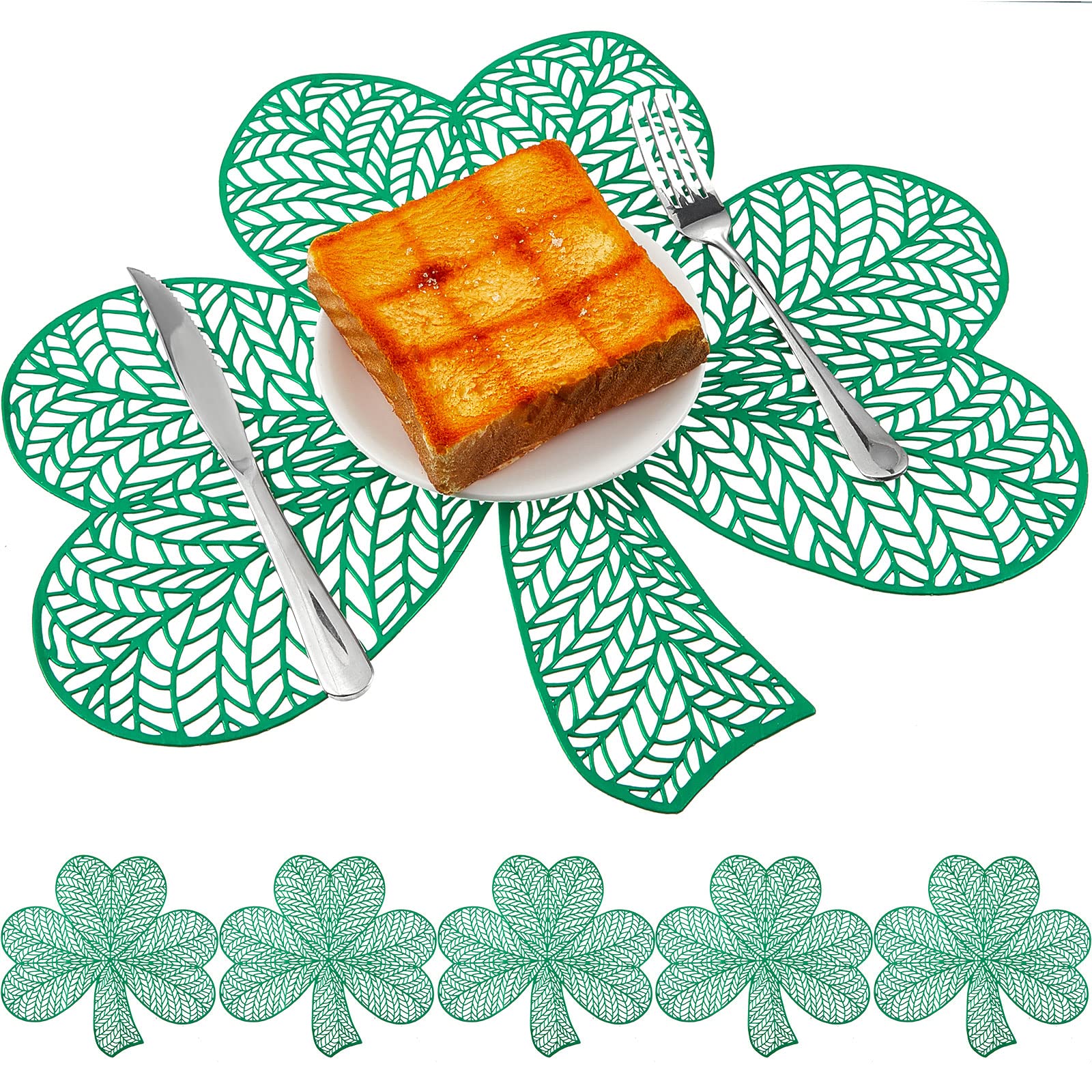 6 Pieces St. Patrick's Day Shamrock Placemat Green PVC Table Place Mat Non Slip Heat Resistant St Patrick's Day Placemats for Dining Kitchen Table Home Decoration, 16.5 Inch