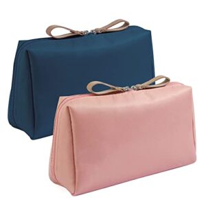 maange small makeup bag 2pcs travel makeup pouch portable double zippers storage travel small cosmetic bag for women and girls(pink+blue)