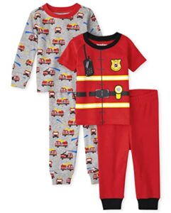 the children's place baby boys' unisex and toddler snug fit cotton mixed 2 piece pajama sets, firefighter/fire truck 2-pack, 12-18 months