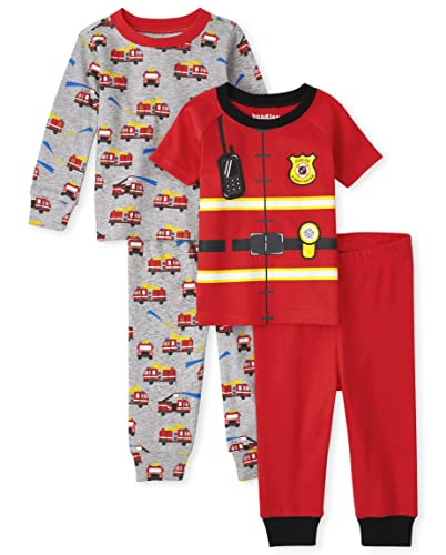 The Children's Place Baby Boys' Unisex and Toddler Snug Fit Cotton Mixed 2 Piece Pajama Sets, Firefighter/Fire Truck 2-Pack, 12-18 Months