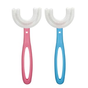 ethcool kids u-shaped toothbrush food grade soft silicone brush head 360° oral teeth cleaning design for children manual training toothbrush easy grip for toddlers blue pink (age 6-12)