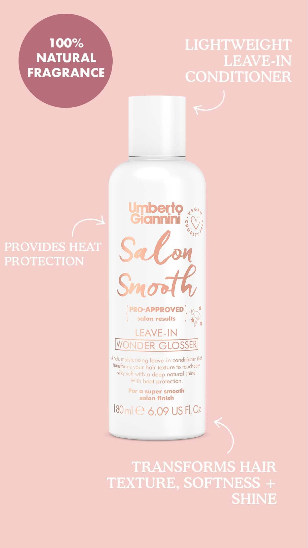 Umberto Giannini Salon Smooth Wonder Glosser - Lightweight Leave In Conditioner Hair Treatment with Heat Protection - Creates Shine & Reduces Frizz for Straight, Curly and Wavy Hair 6.09 fl OZ