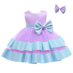 flower girls bowknot tutu dress for kids baby christening baptism communion birthday party formal dress toddler princess pageant wedding bridesmaid backless gown + headwear purple + blue 12-18 months