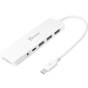 j5create usb-c mini hub - 4k hdmi, 2 x usb 3.1 5gbps, microsd & sd card reader, 3.5mm audio jack, 60w pd pass-through charging (jcd373)