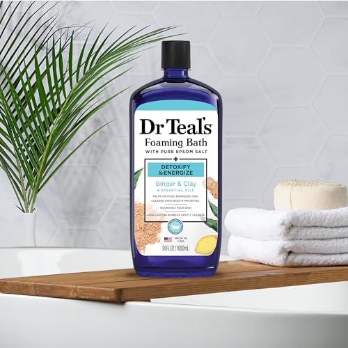 Dr Teal's Foaming Bath with Pure Epsom Salt, Detoxify & Energize with Ginger & Clay, 34 fl oz (Pack of 4) (Packaging May Vary)